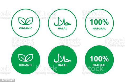유기농 할랄 자연 식품 벡터 아이콘 세트입니다 이슬람 인증 제품 기호입니다 천연 식품식이 라벨 고급에 대한 스톡 벡터 아트 및 기타 이미지 Istock