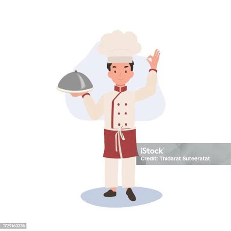 요리사 모자를 쓴 사랑스러운 어린이 요리사가 Ok 수사인을 하고 있다 플랫 벡터 만화 그림 가정 주방에 대한 스톡 벡터 아트 및