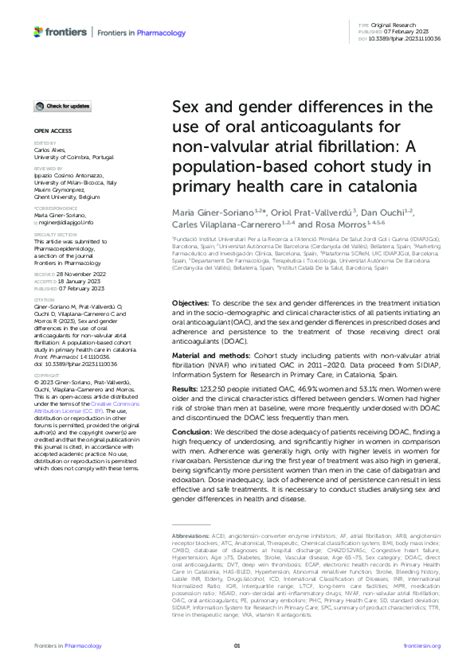 Pdf Sex And Gender Differences In The Use Of Oral Anticoagulants For