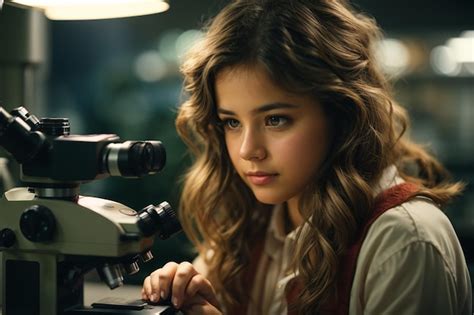 Premium Ai Image Cute Girl Looking Through Microscope