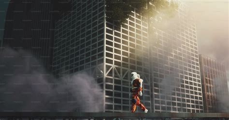 우주 비행사는 디스토피아 도시의 녹슨 구조물 위를 걷는다 판타지와 공상 과학 개념 이것은 3d 렌더링 그림입니다 사진 Unsplash의 도시 이미지