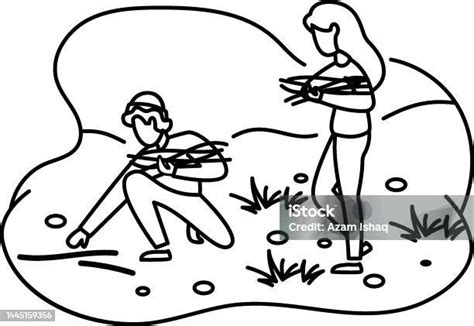 숲에서 여름 캠프에 있는 남자와 여자 수집 빗물 개념 벡터 개요 아이콘 디자인 야외 주말 활동 기호 관광 휴일 장면 기호 휴가