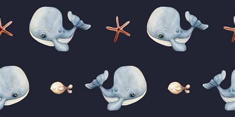 귀여운 고래 바다 물고기 불가사리 사랑스러운 수중 세계 진한 파란색 배경에 수채화 여름 완벽 한 패턴 0명에 대한 스톡 벡터 아트 및 기타 이미지 Istock