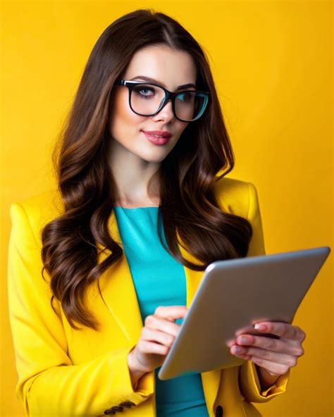 A Beautiful Woman Stands Wearing Glasses And Holding A Tablet In Her