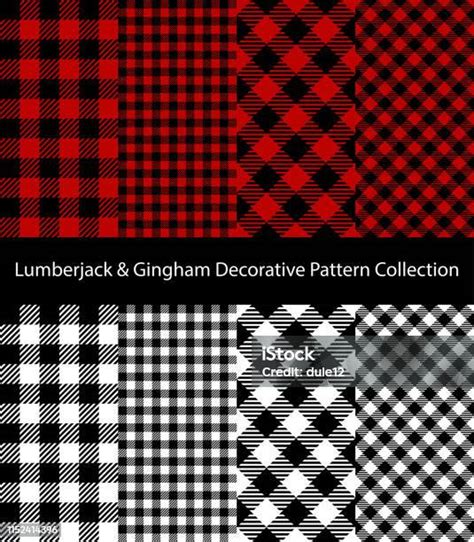 나무 꾼 깅 엄 체크 무늬 패턴의 컬렉션입니다 클래식 하 고 아가일 레드와 흑백 장식 텍 스타일 디자인 개체 그룹에 대한 스톡 벡터 아트 및 기타 이미지 Istock