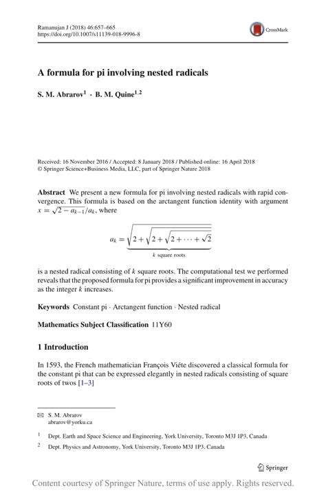 A Formula For Pi Involving Nested Radicals Request Pdf