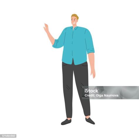 파란색 티셔츠를 입고 손으로 몸짓을 하는 행복한 미소 짓는 남자 평면 만화 스타일의 벡터 일러스트레이션입니다 T 셔츠에 대한 스톡 벡터 아트 및 기타 이미지 Istock