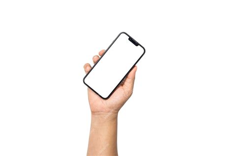 모형 광고 및 사회적 아이콘을 위한 클리핑 경로가 있는 흰색 배경에 스마트폰의 빈 화면을 들고 있는 손의 격리 프리미엄 사진