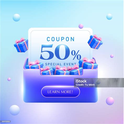 쿠폰 코드가 있는 3d 쿠폰 퍼센트 가격 할인 Cta 버튼이 있는 비행 선물 상자 그라데이션 배경에 격리되어 있습니다 상품권 배너 템플릿 3d 벡터 3차원 형태에 대한 스톡