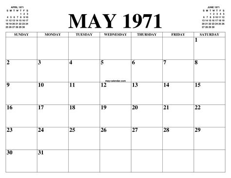 May 1971 Calendar Of The Month Free Printable May Calendar Of The Year