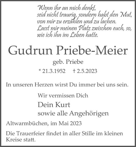 Traueranzeigen Von Gudrun Priebe Meier Trauer Anzeigen De
