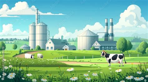 Cartoon Vector Modern Dairy Farm With Cows Being Milked By Automated