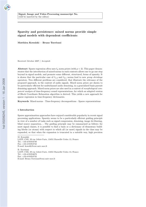 Pdf Sparsity And Persistence Mixed Norms Provide Simple Signal Models With Dependent Coefficients