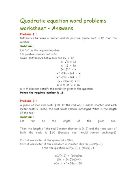 Quadratic Equation Word Problems Worksheet Printable Pdf Template