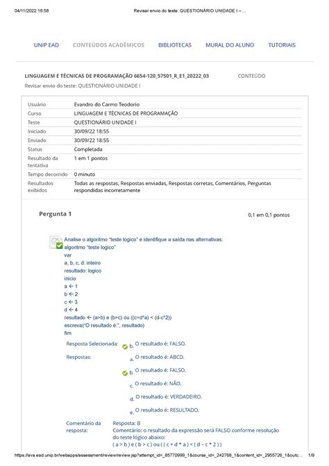 Lógica De Programação Unidade 1 Unip Revisar Envio Do Teste QuestionÁrio Unidade I Linguagem