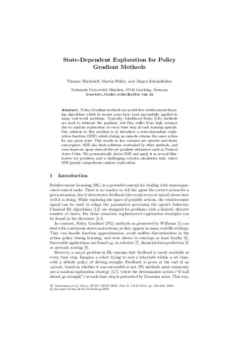 Pdf State Dependent Exploration For Policy Gradient Methods