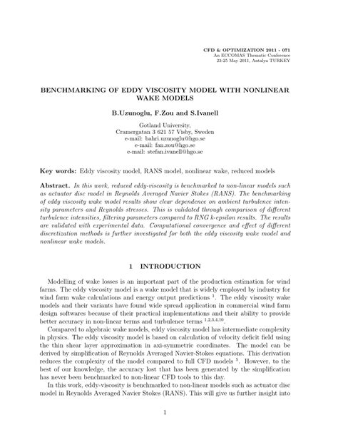 Pdf Benchmarking Of Eddy Viscosity Model With Nonlinear Wake Models