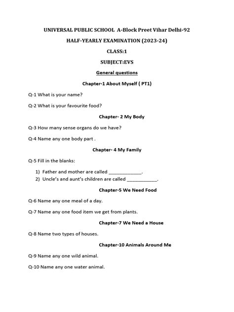 General Questions Of Evs For Class 1 Pdf