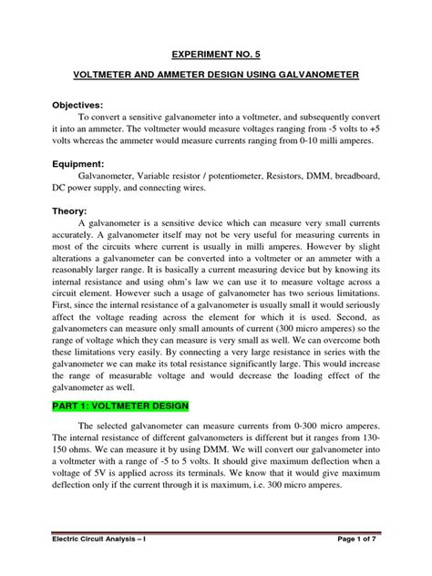 Lab 05 Voltmeter And Ammeter Design Using Galvanometer Pdf
