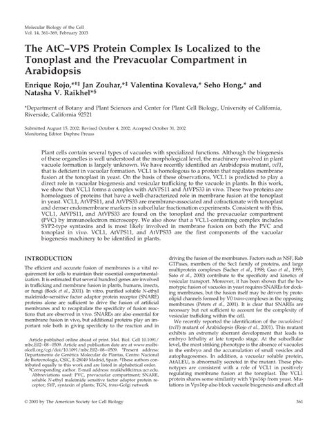 Pdf The Atc Vps Protein Complex Is Localized To The Tonoplast And The Prevacuolar Compartment