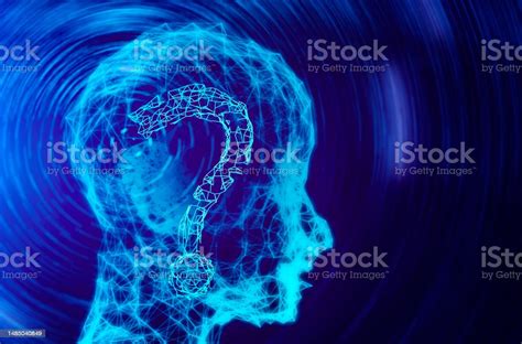 3d 렌더링 물음표 점과 별이 있는 진한 파란색 배경에 3d 추상화 질문 기호 남자들은 파란색 배경에 회로 기판과 이진 데이터 흐름이 있는 윤곽선을 마주하고 있습니다