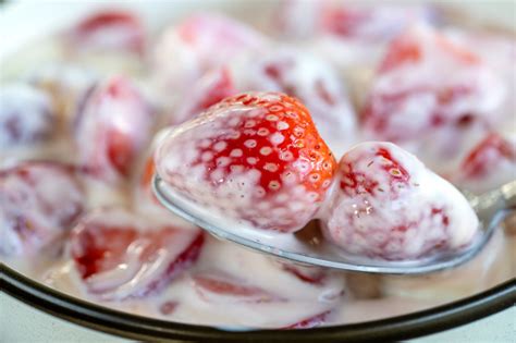 레드 딸기와 화이트 요구르트 브릴리 제철 딸기 클로즈업에서 완벽하게 익은 웨지가 있는 아침 식사에 과일 디저트 0명에 대한 스톡 사진 및 기타 이미지 Istock