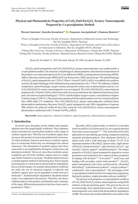 Pdf Physical And Photocatalytic Properties Of Ceo2 Zno Znal2o4 Ternary Nanocomposite Prepared