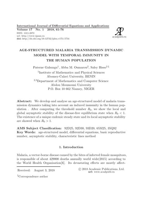 Pdf Age Structured Malaria Transmission Dynamic Model With Temporal Immunity In The Human