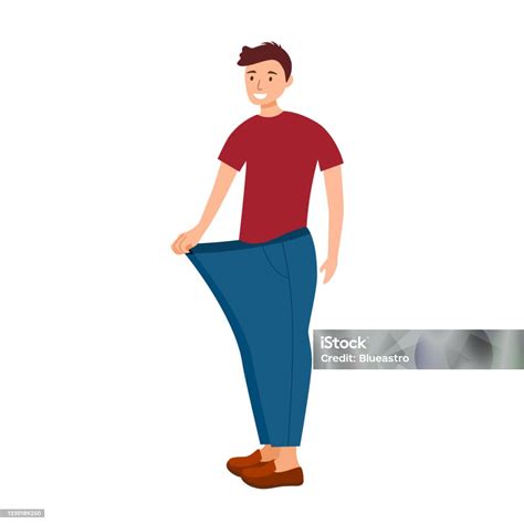 체중 감량 후 젊은 남자 흰색 배경에 평면 디자인에 그의 오래 된 청바지를 시도 좋은 모양 건강 한 사람 다이어트와 운동 후 가냘픈에 대한 스톡 벡터 아트 및 기타 이미지