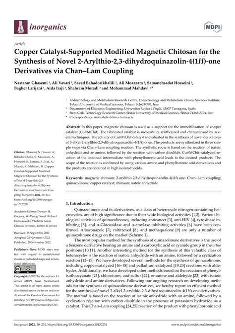 Pdf Copper Catalyst Supported Modified Magnetic Chitosan For The Synthesis Of Novel 2 Arylthio