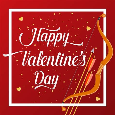 황금 활과 화살로 해피 발렌타인 데이 레터링 텍스트 프리미엄 벡터