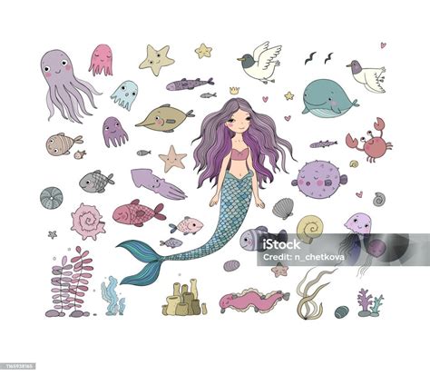 해양 일러스트 세트입니다 작은 귀여운 만화 인어 재미있는 물고기 불가사리 메모 조류 다양한 껍질과 게와 병 바다 테마입니다 흰색