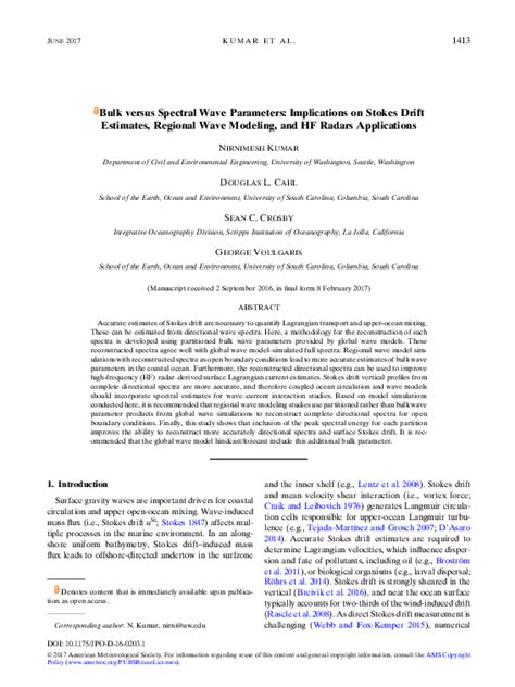 Pdf Bulk Versus Spectral Wave Parameters Implications On Stokes