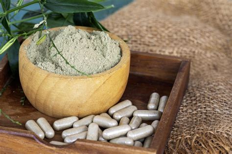 Andrographis Paniculata Extracts In Woodle Bowl With Herbal Capsules And Leaves 51806256 Stock