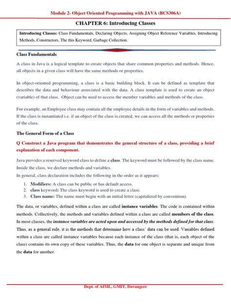 Module 2 Notes Chpter 6 And 7 Introducing Classes Methods And Classes Pdf Class