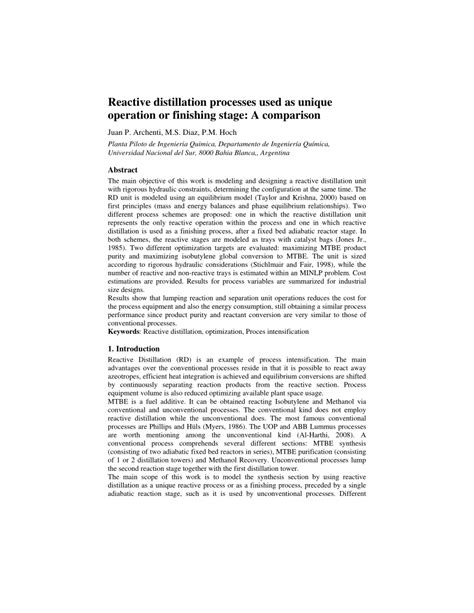 Pdf Reactive Distillation Processes Used As Unique Operation Or Finishing Stage A Comparison