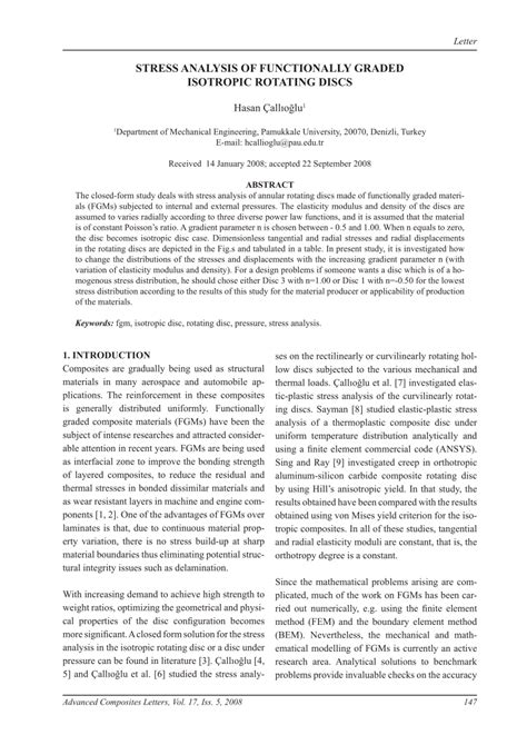 Pdf Stress Analysis Of Functionally Graded Isotropic Rotating Discs