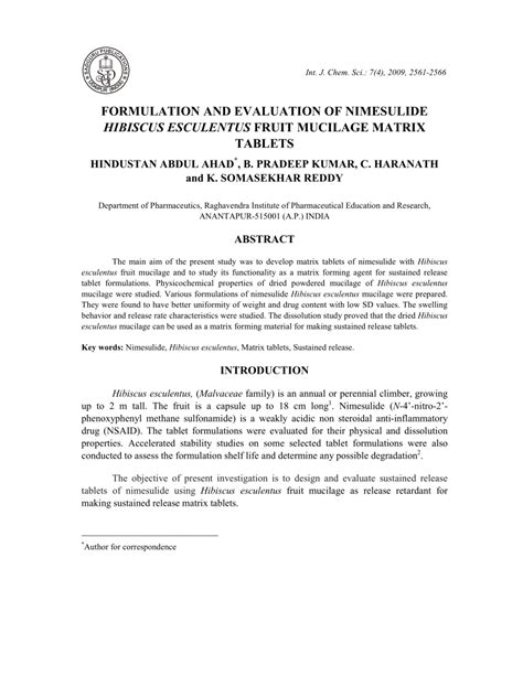 Pdf Formulation And Evaluation Of Nimesulide Hibiscus Esculentus Fruit Mucillage Matrix Tablets