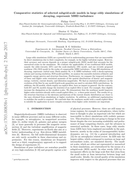 Pdf Comparative Statistics Of Selected Subgrid Scale Models In Large Eddy Simulations Of