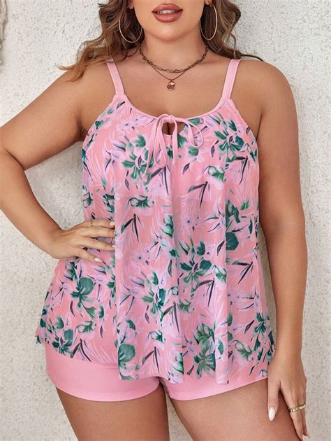 Swim Lushoire Summer Beach Plus Size Tropical Print Swim Dress Shein Usa