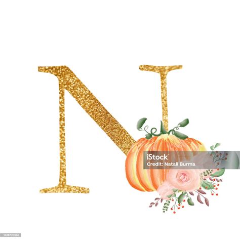 꽃과 호박의 꽃다발의 구성황금 문자 N 웨딩 초대장 및 기타 많은 디자인 아이디어의 디자인을위한 컬렉션 알파벳 0명에 대한 스톡 벡터 아트 및 기타 이미지 Istock