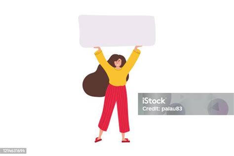 행복한 소녀 서 빈 배너를 들고 평면 만화 다채로운 벡터 일러스트 레이션입니다 여자에 대한 스톡 벡터 아트 및 기타 이미지 여자 공란 서 있기 Istock