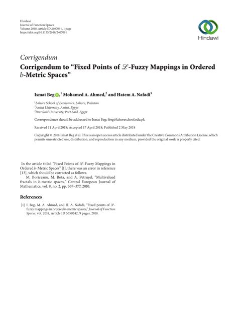 Pdf Corrigendum To Fixed Points Of L Fuzzy Mappings In Ordered B