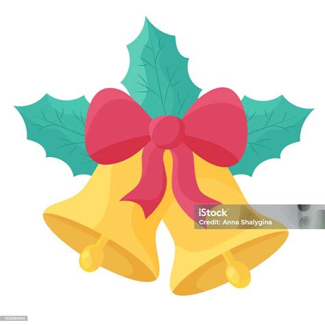 활과 홀리 잎이있는 크리스마스 종소리 흰색 배경에 고립 된 크리스마스 디자인 요소 휴일 기호 두 개의 울리는 황금 종소리의 평면 벡터 일러스트 레이 션 0명에 대한 스톡