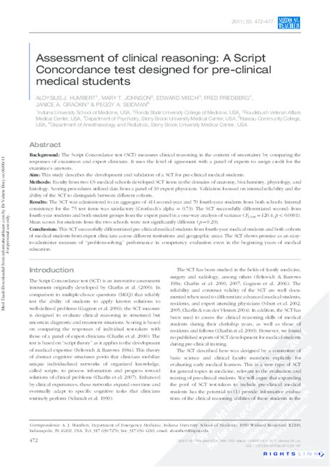 Pdf Assessment Of Clinical Reasoning A Script Concordance Test Designed For Pre Clinical