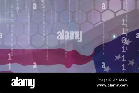 Binary Code And Hexagonal Grid Animation Over Waving American Flag Technology Digital Coding
