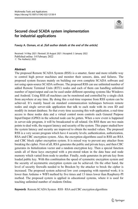 PDF Secured Cloud SCADA System Implementation For Industrial Applications
