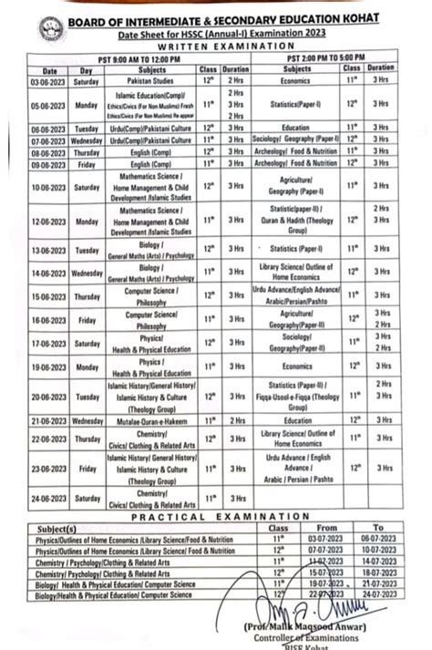 BISE Kohat Board HSSC 11th 12th Class Annual Exam Date Sheet 2023