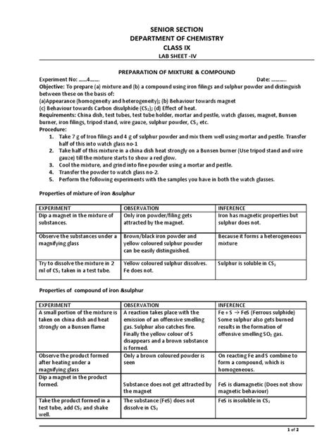 Cbse Class 9 Science Worksheet Preparation Of Mixture And Compound