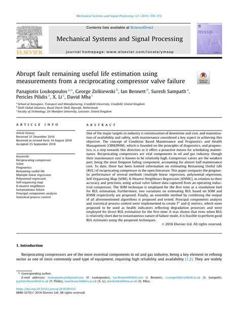 Abrupt Fault Remaining Useful Life Estimation Using Measurements From A Reciprocating Compressor